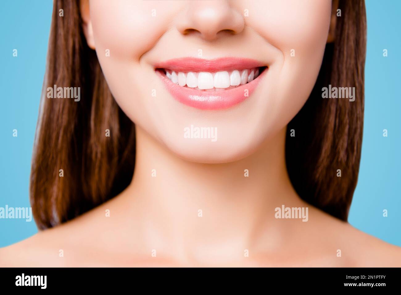 Concept of healthy wide beautiful smile. Cropped close up photo of ...