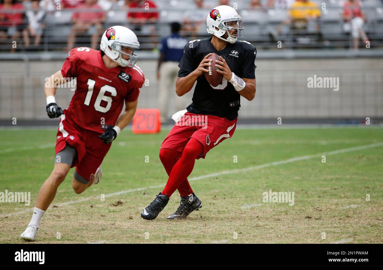 Arizona Cardinals' Logan Thomas, right, drops back for a pass as Jaxon ...