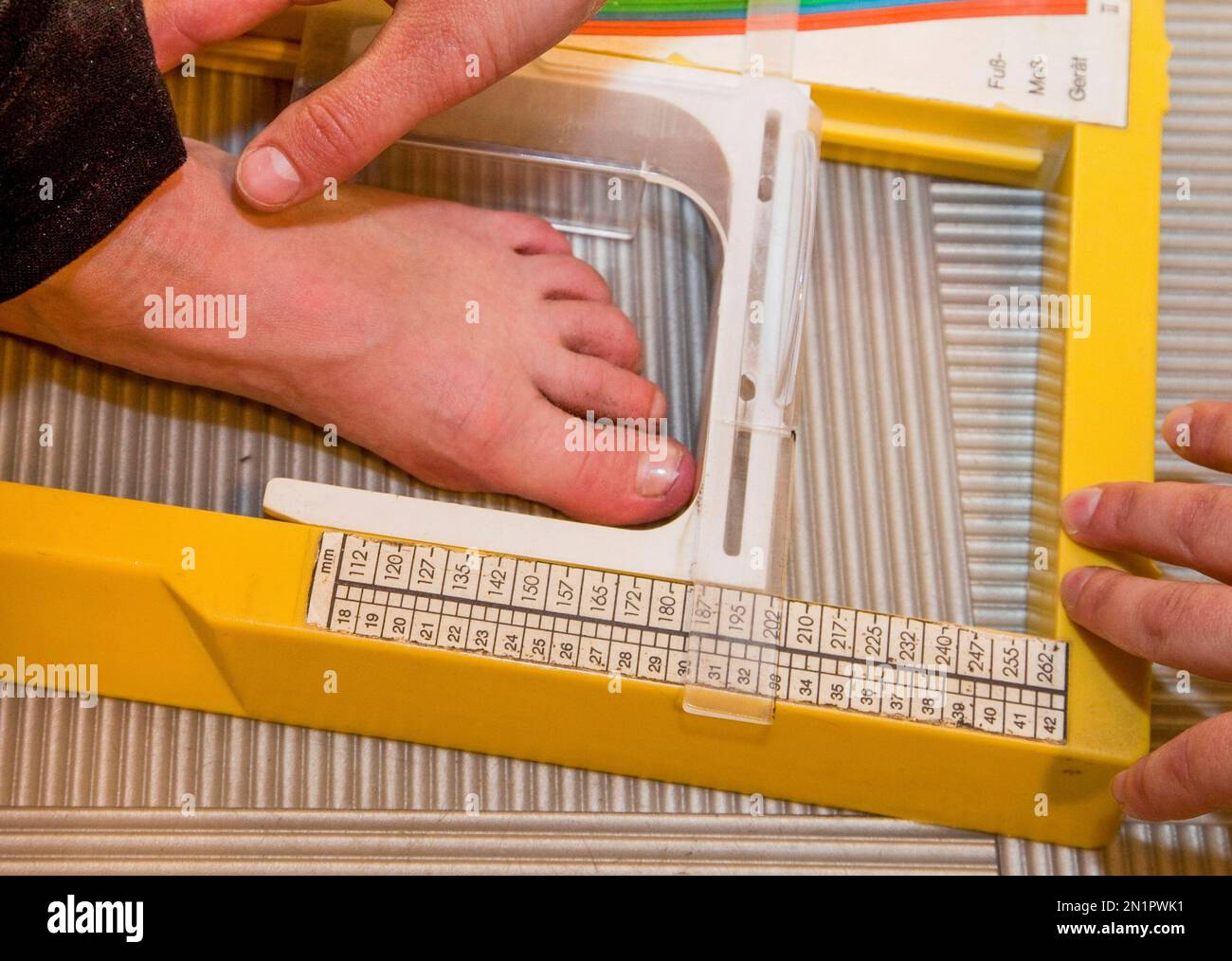 Netherlands, Arnhem . Measuring children's feet in a shoe store Stock ...