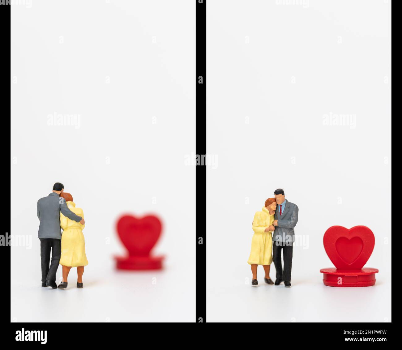Set of 2 photos of couple man and woman miniature figure people hugging ...