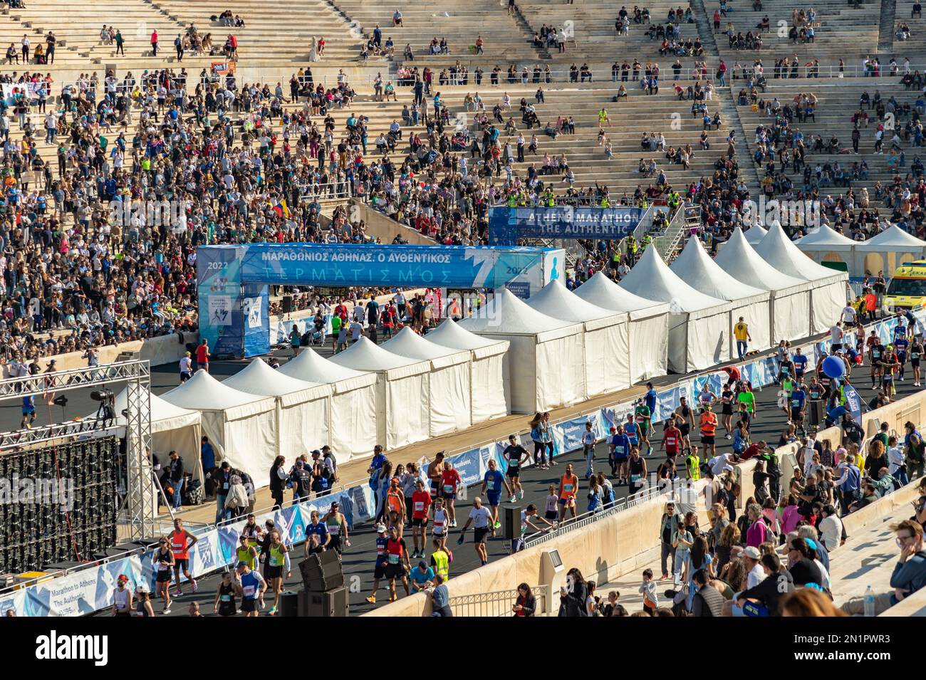 A picture of the finish line of the 2022 edition of the Athens Marathon ...