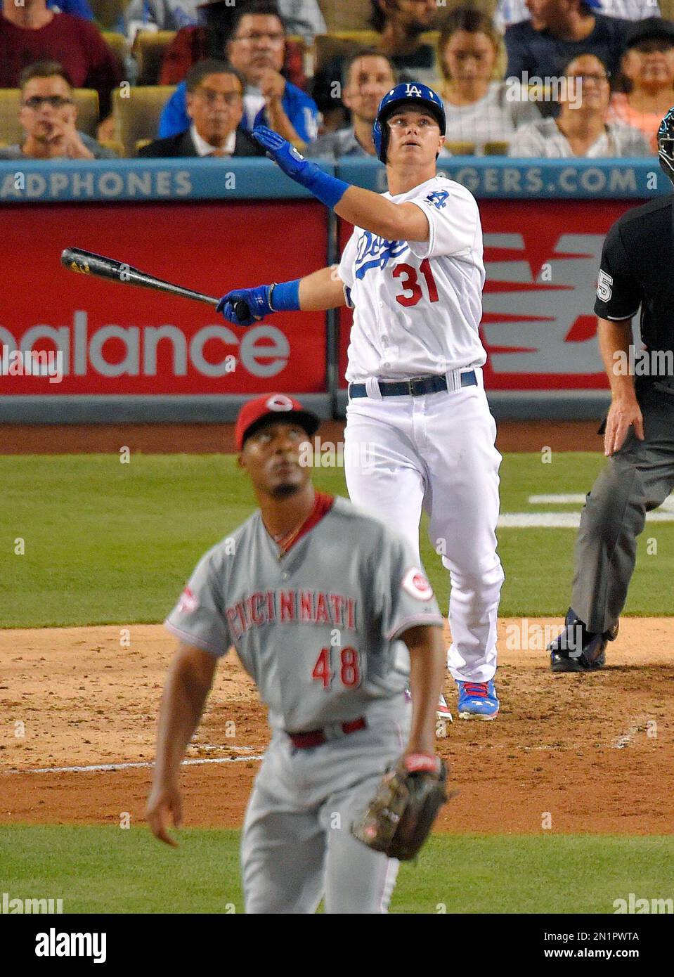Los Angeles Dodgers' Joc Pederson watches his solo home run off ...