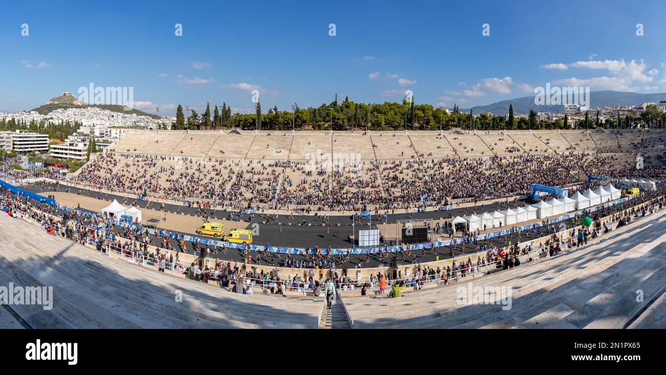 A panorama picture of the finish line of the 2022 edition of the Athens ...