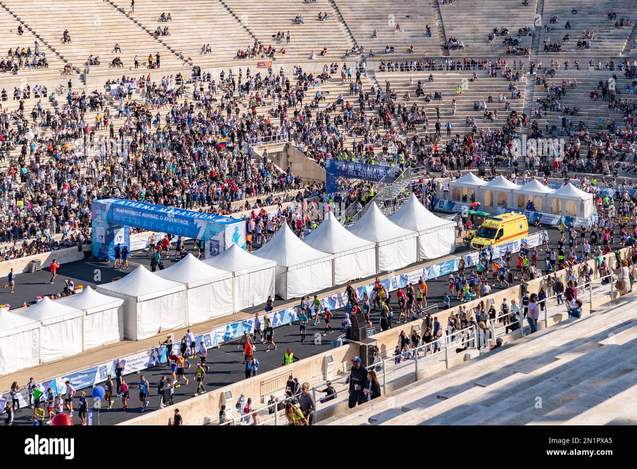 A picture of the finish line of the 2022 edition of the Athens Marathon ...