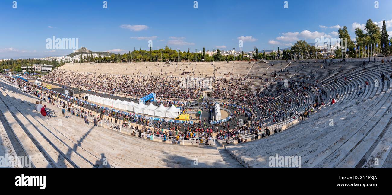 A panorama picture of the finish line of the 2022 edition of the Athens ...