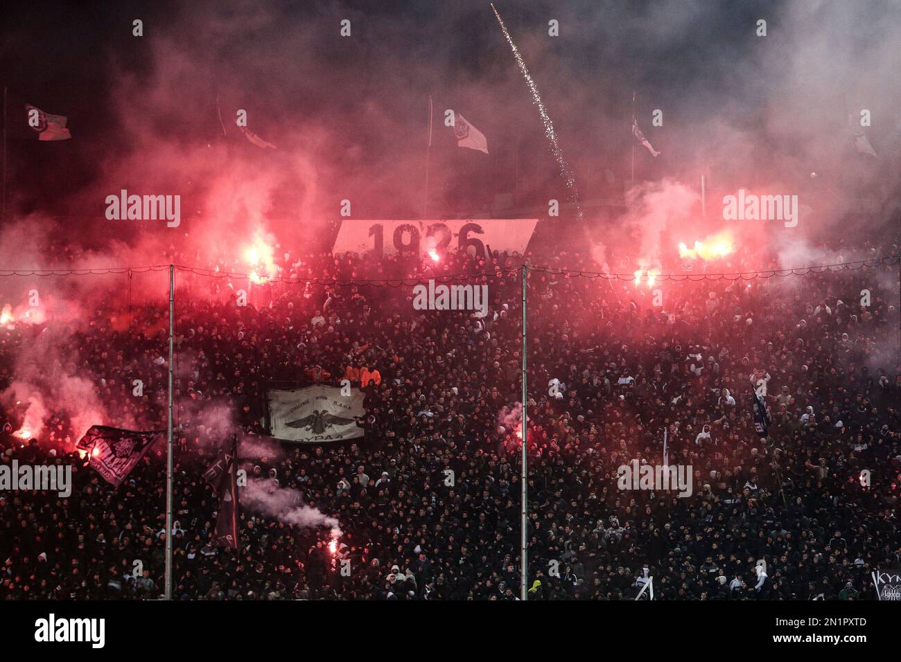Thessaloniki, Greece. 5th Feb, 2023. PAOK fans light flares before a ...