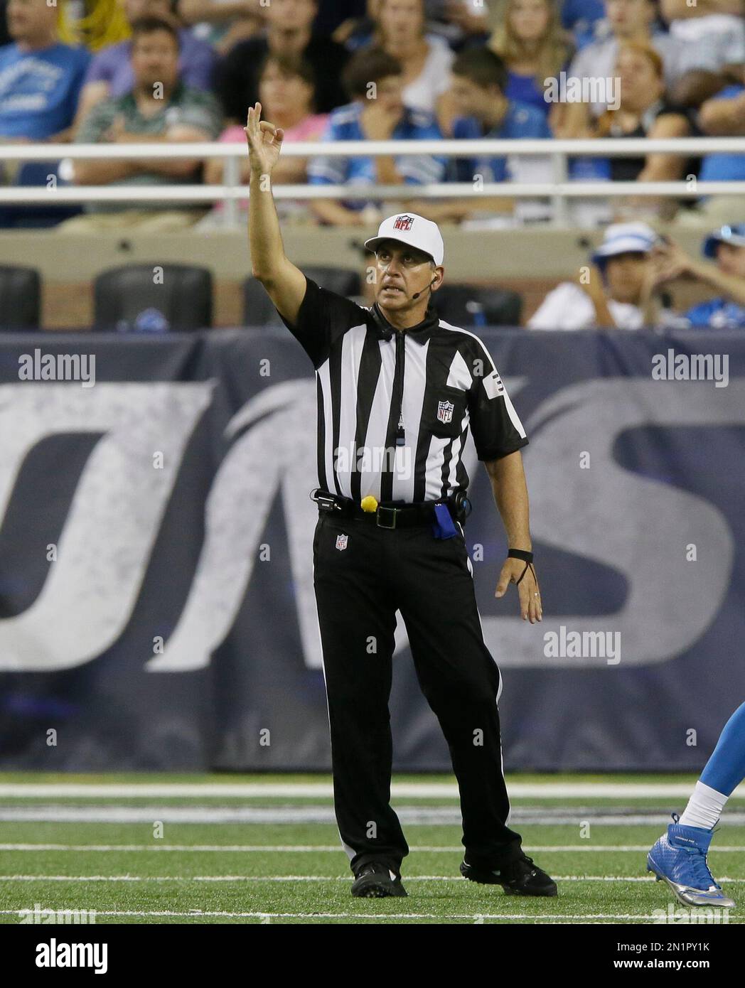 Referee John Hussey signals during the second half of an NFL preseason ...