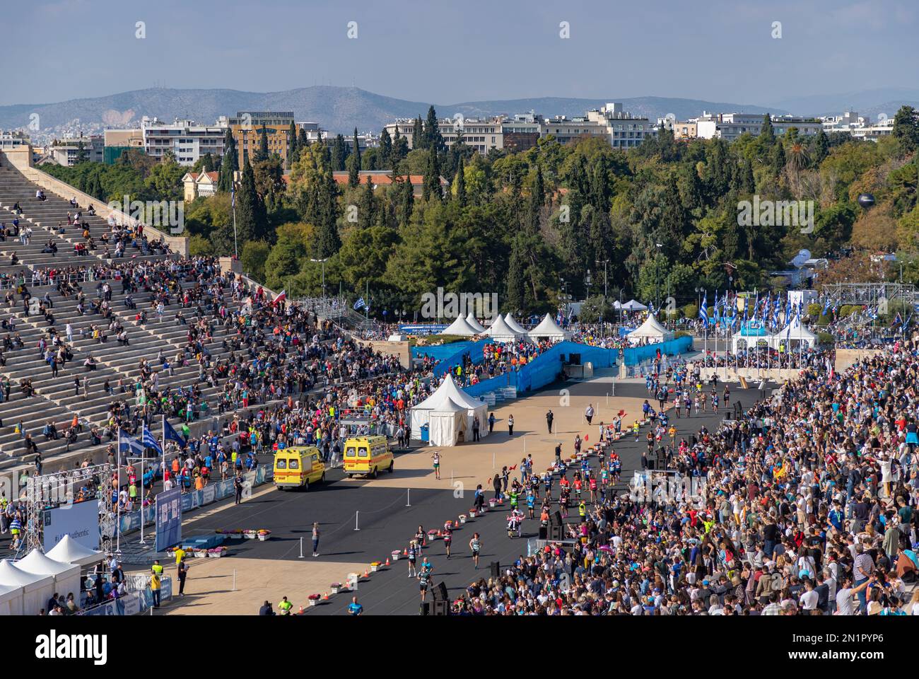 A picture of the finish line of the 2022 edition of the Athens Marathon ...