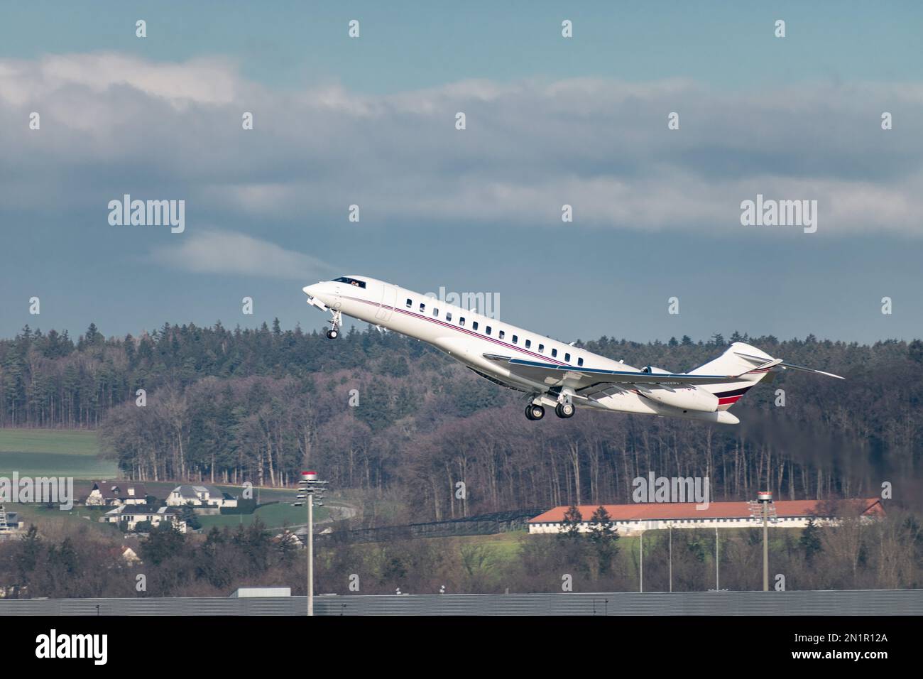 Zurich, Switzerland, January 20,2023 Bombardier Global 7500 business aircraft is taking off from ...