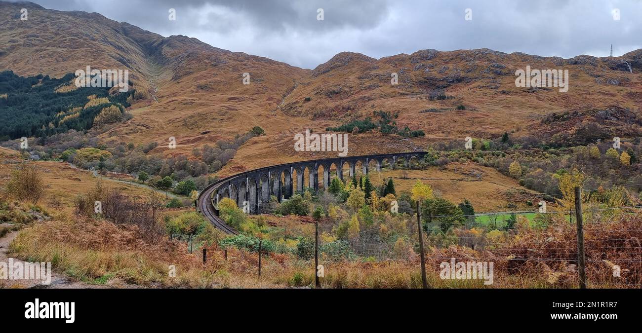 A landscape of the hillside in autumn with a railroad bridge Stock ...