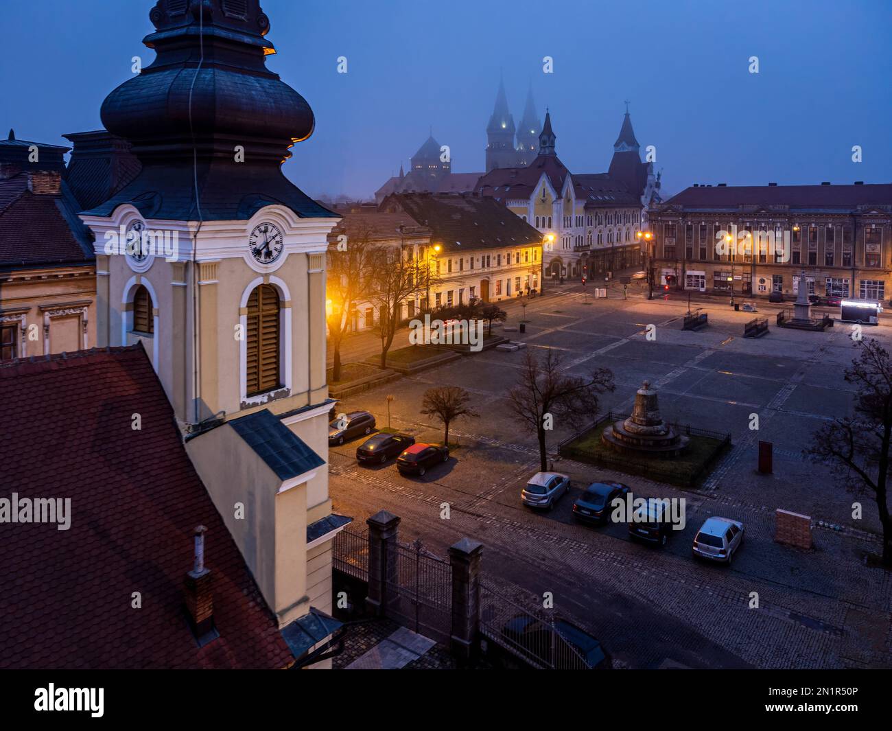Traian Square aerial view with the surrounding baroque style buildings ...