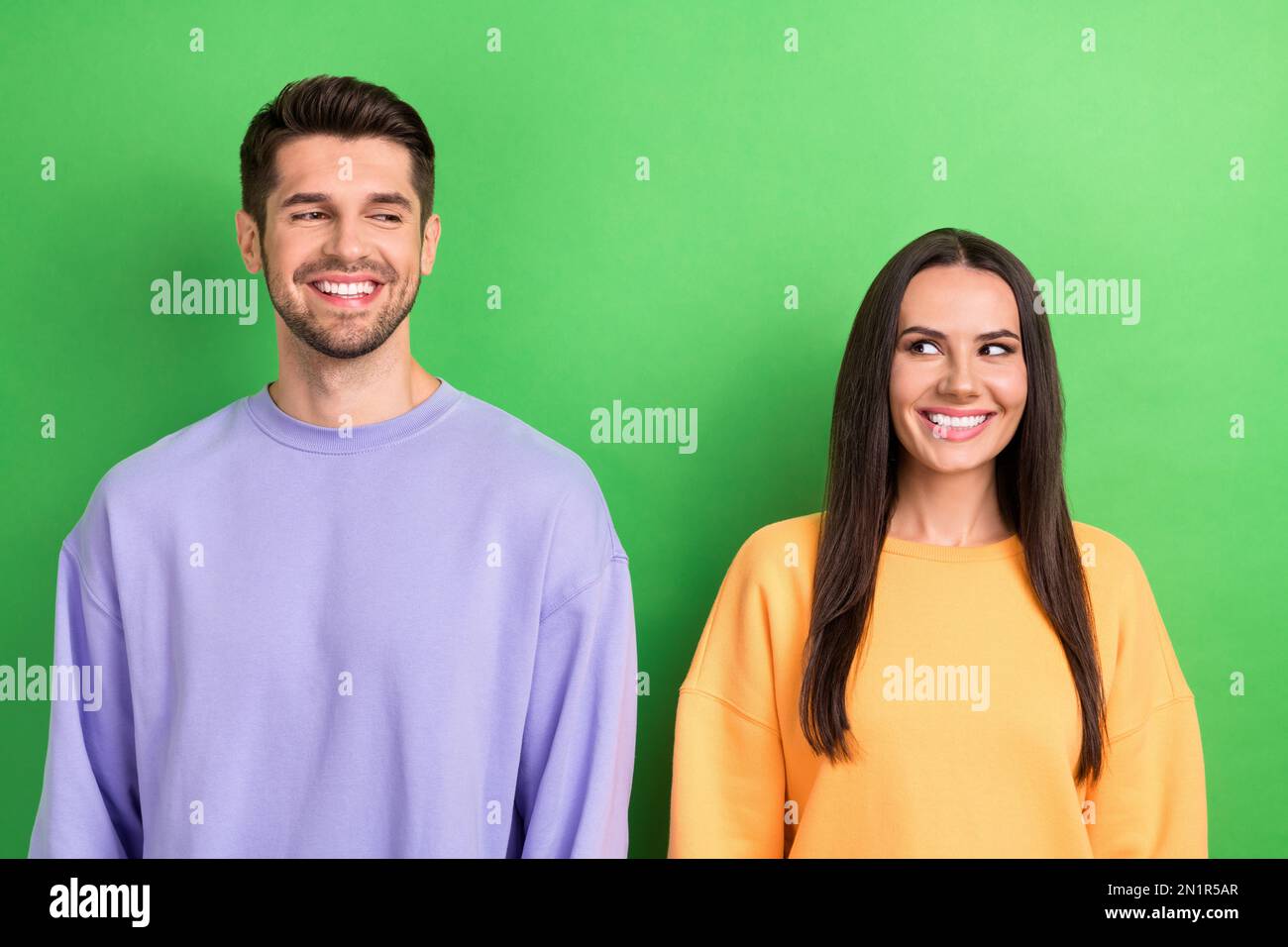 Photo of tricky cunning wife husband dressed sweatshirts smiling ...