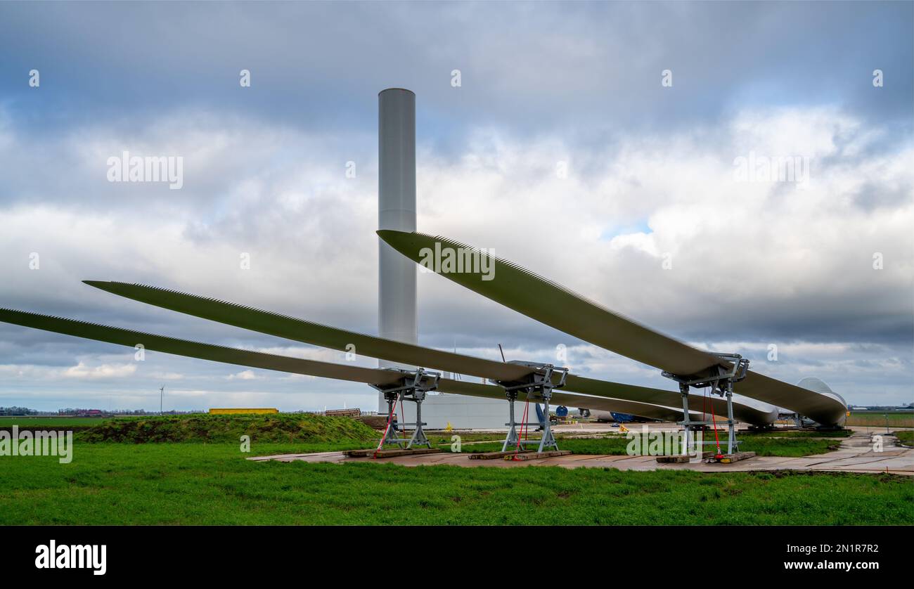 Wings for a large wind turbine under construction Stock Photo - Alamy
