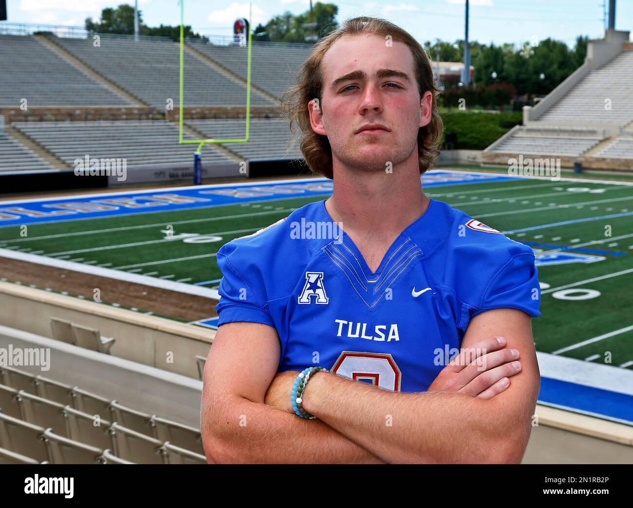 Tulsa quarterback Dane Evans poses during the team's NCAA college football media day, Tuesday ...