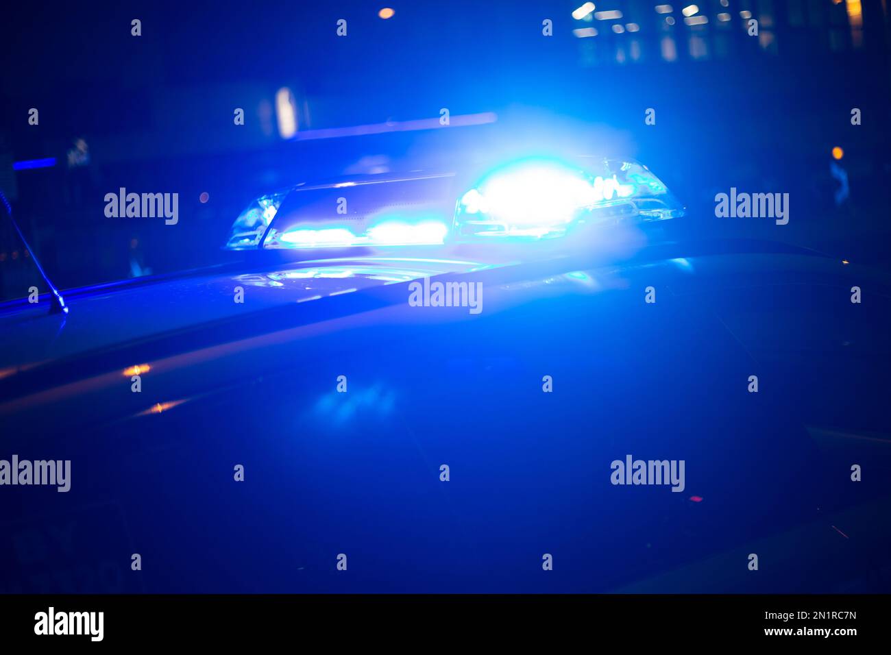 Police car with bluelight in operation in Augsburg, Germany. (Photo by ...