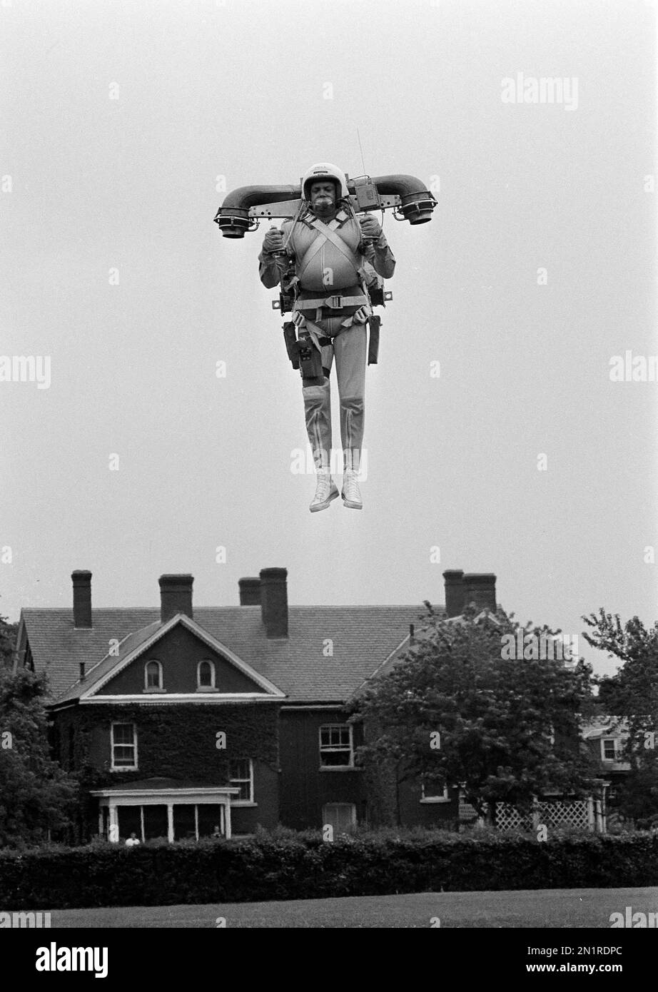 Robert Courter soars through the air during a test of a flying jet pack ...