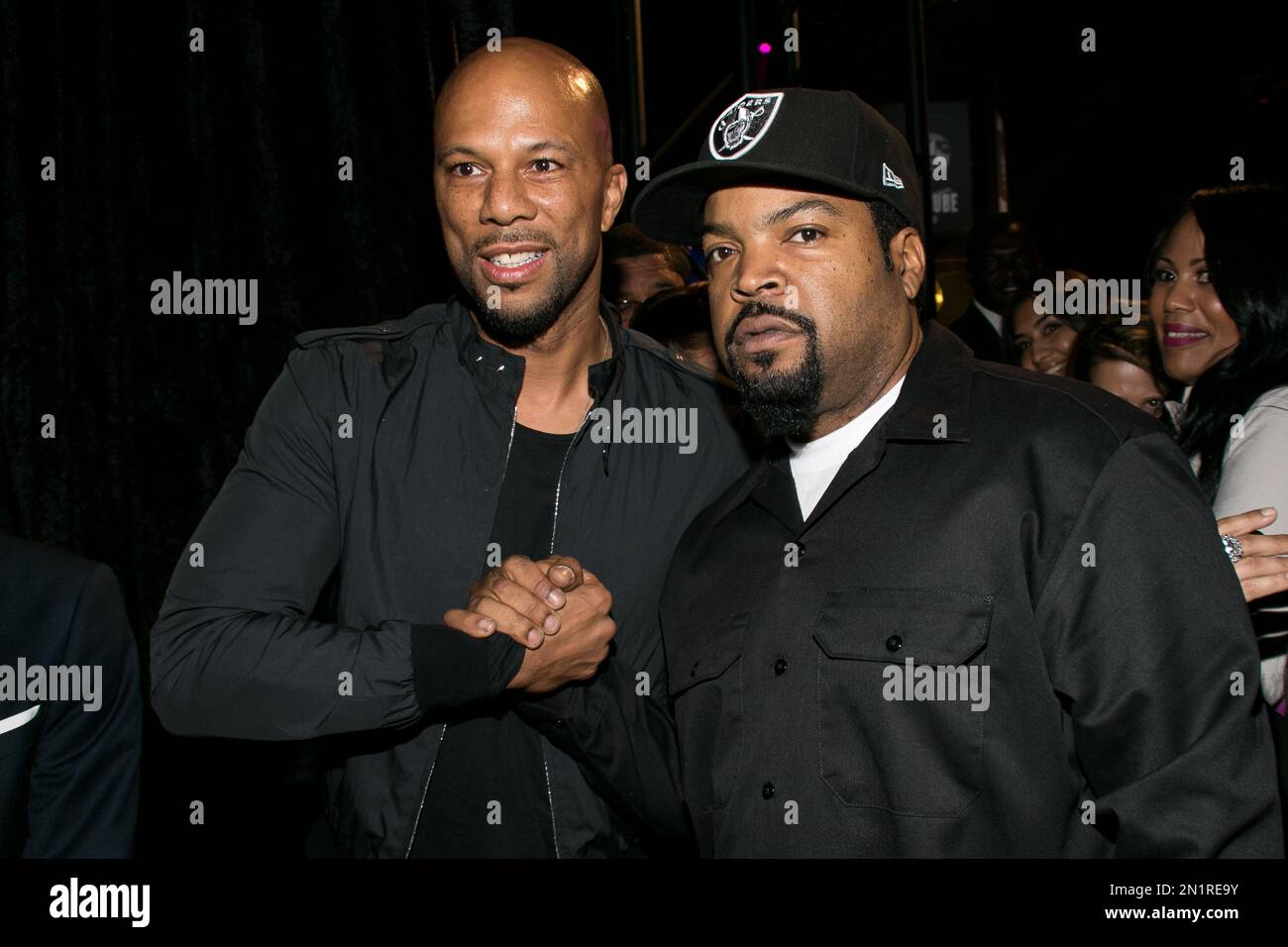 Common, left, and Ice Cube attend the Los Angeles premiere of "Straight ...