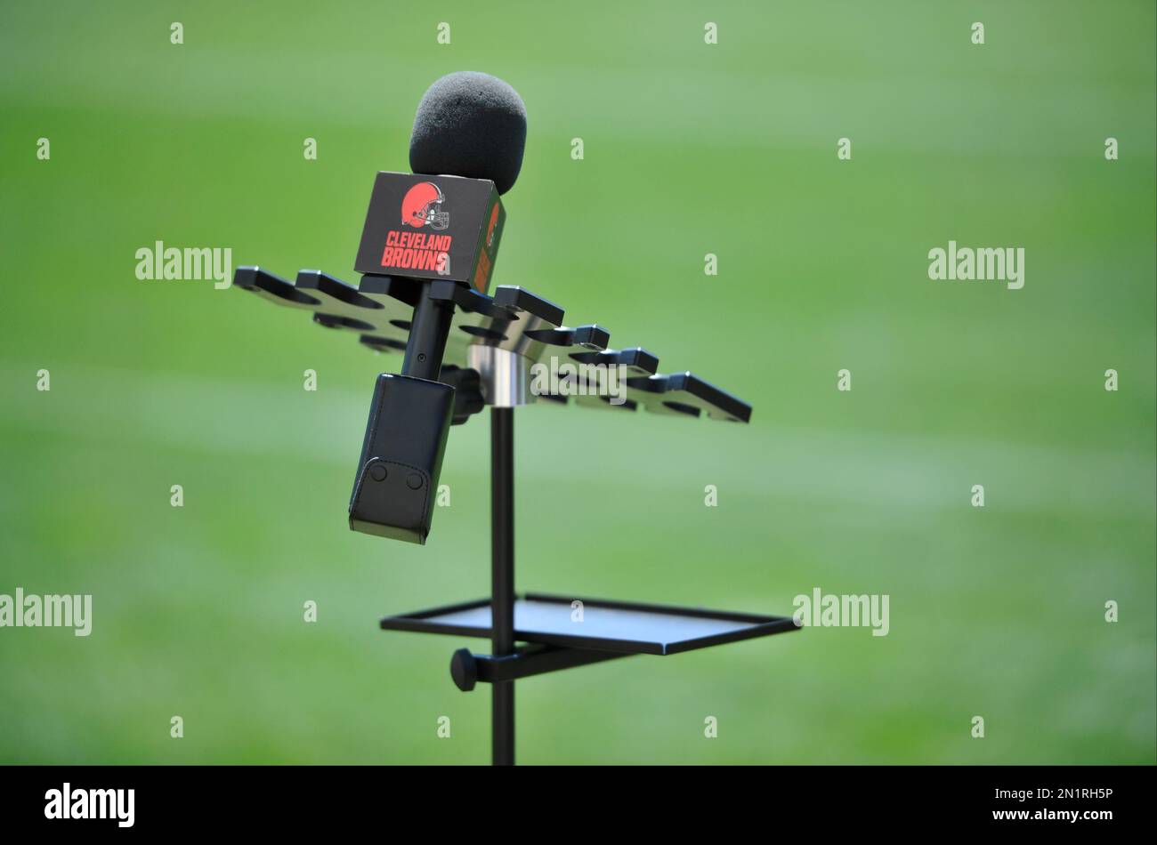 A microphone sits on a stand during Cleveland Browns practice at NFL ...