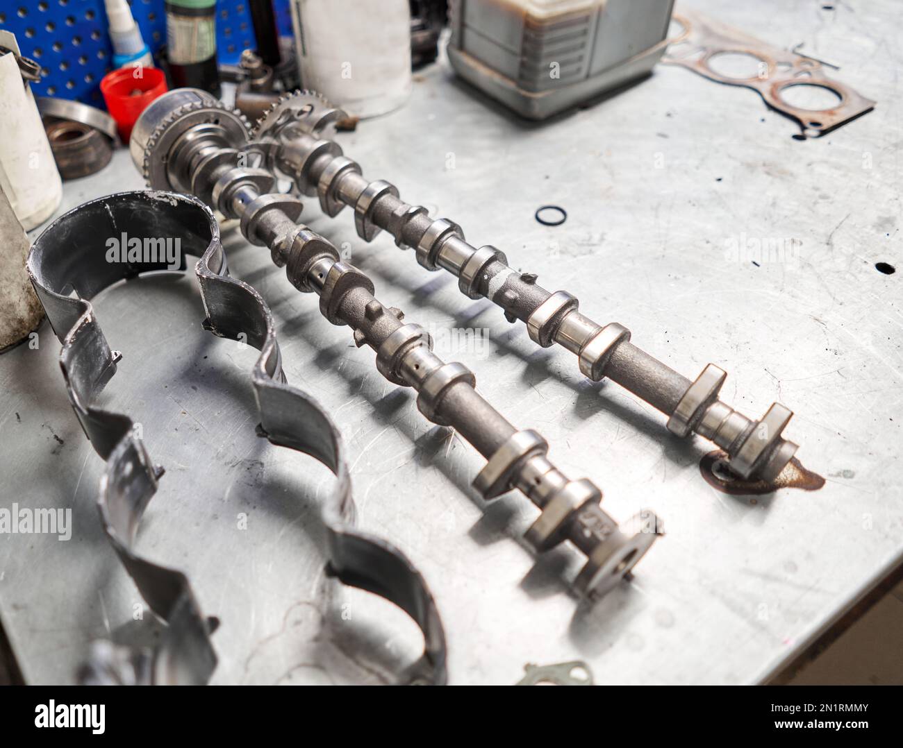 Many tools and auto spare parts car at a car repair shop. Car parts for ...