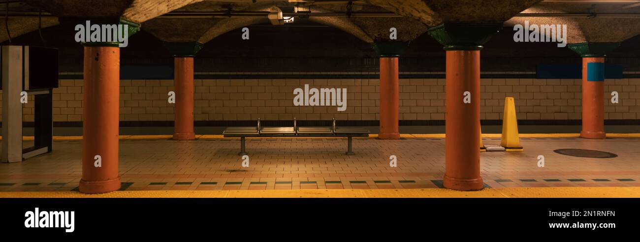 subway station with columns and tiled floor in New York City, banner ...