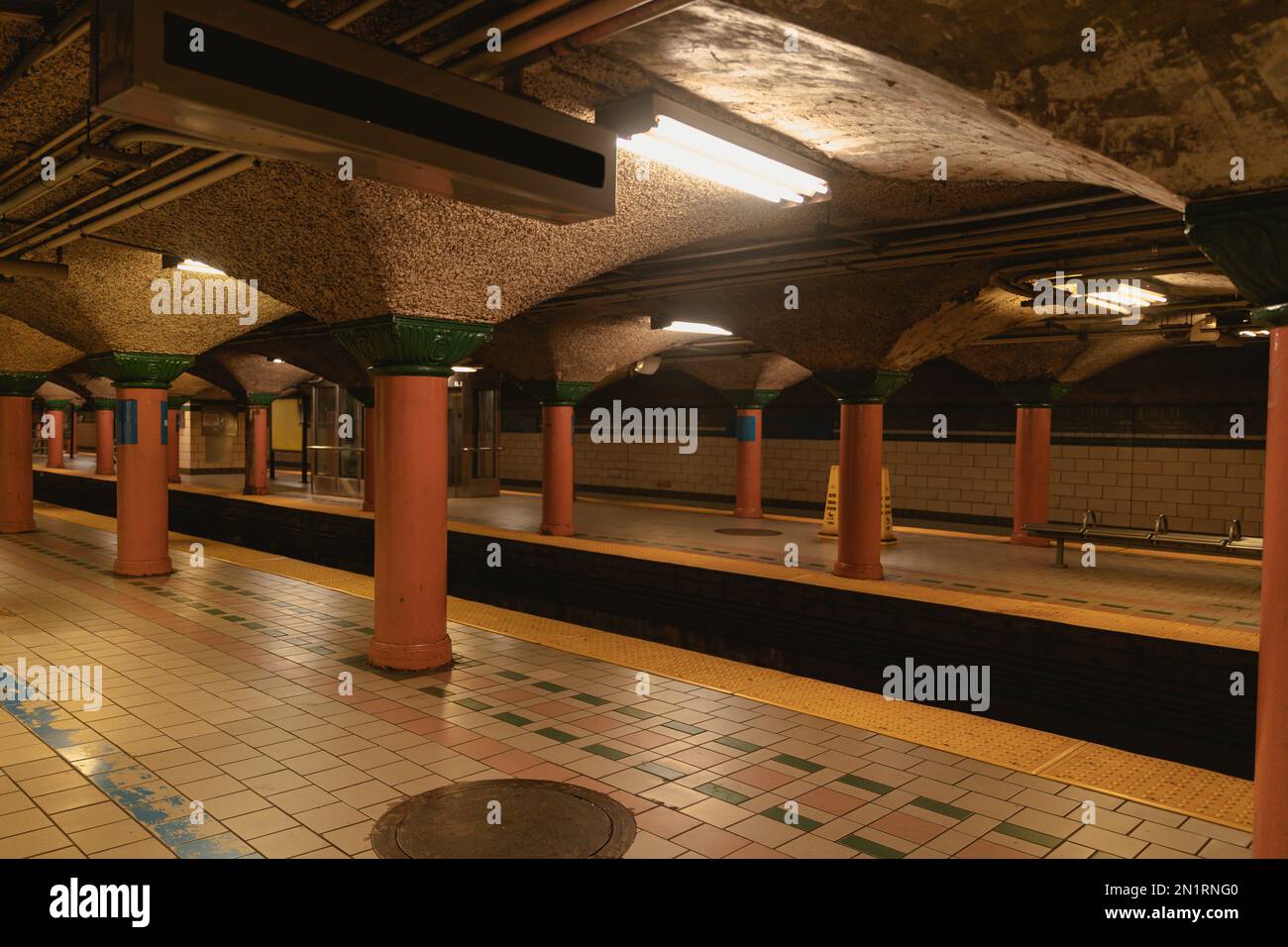 New York City subway station with tiled floor and columns,stock image ...