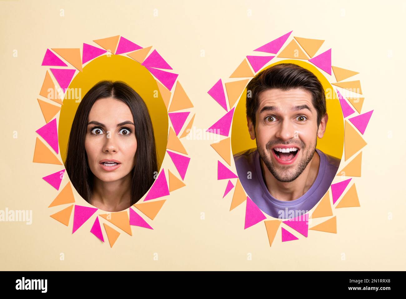 Photo of two impressed people open mouth head face look breakthrough ...