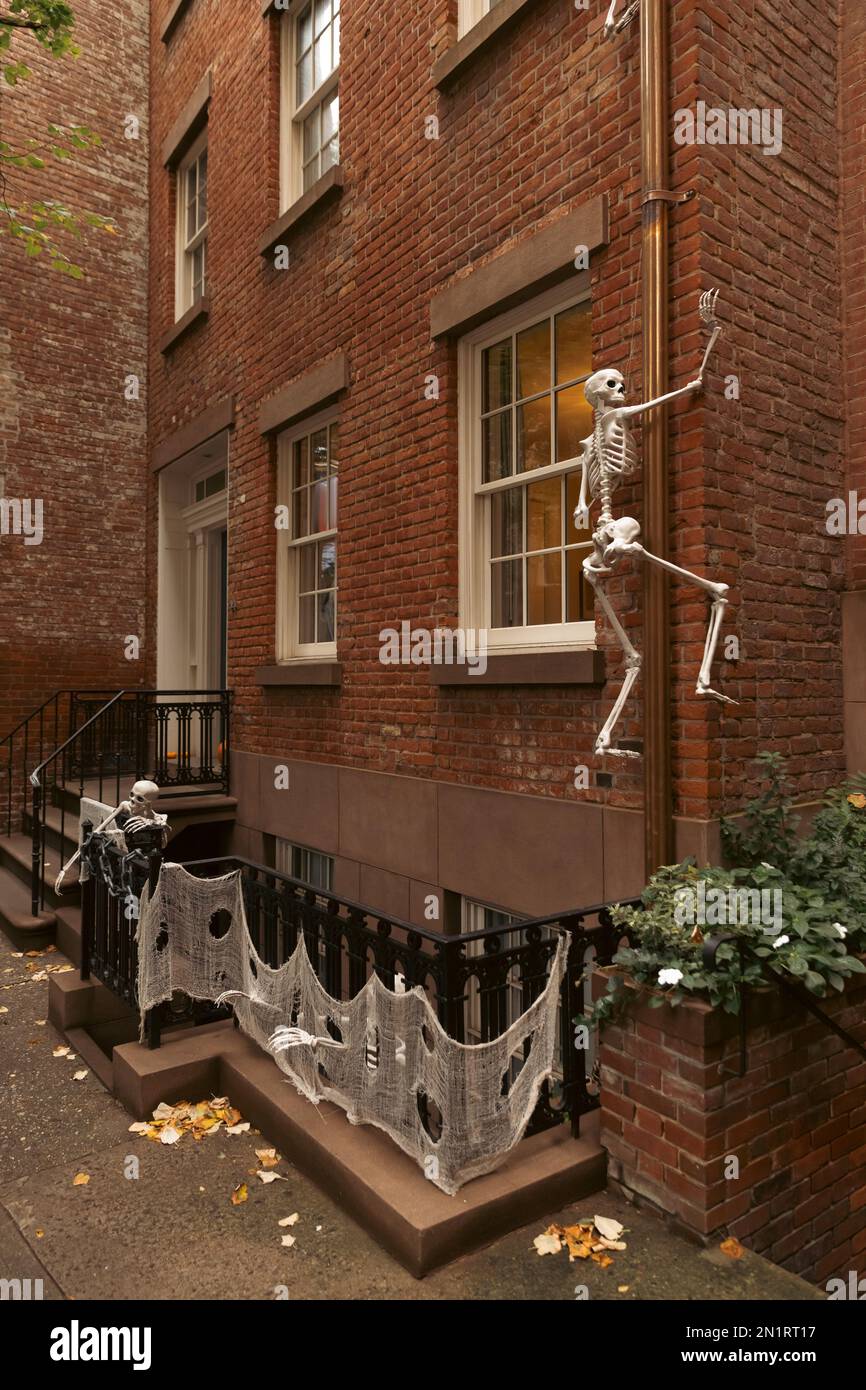 Halloween decoration on facade of building on street in New York City ...