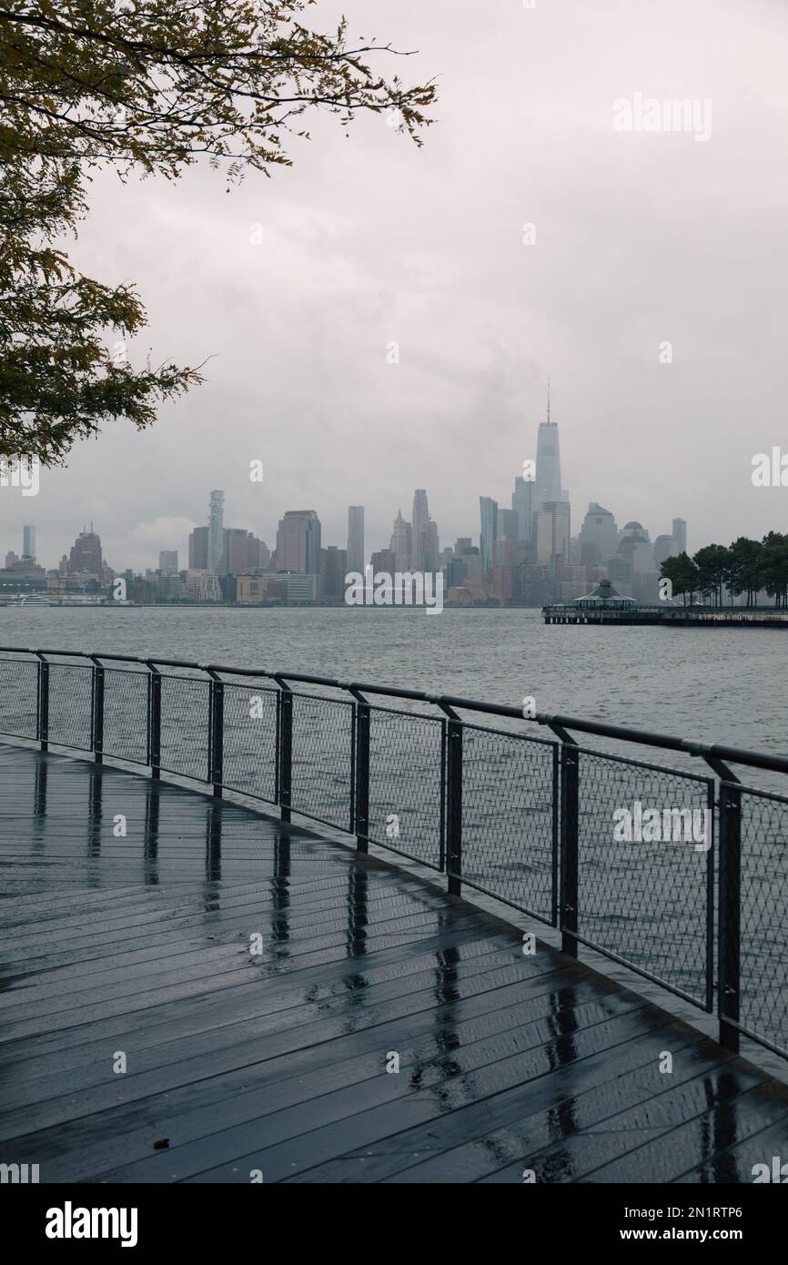 View of World Trade Center in and Hudson river during rainy weather in ...