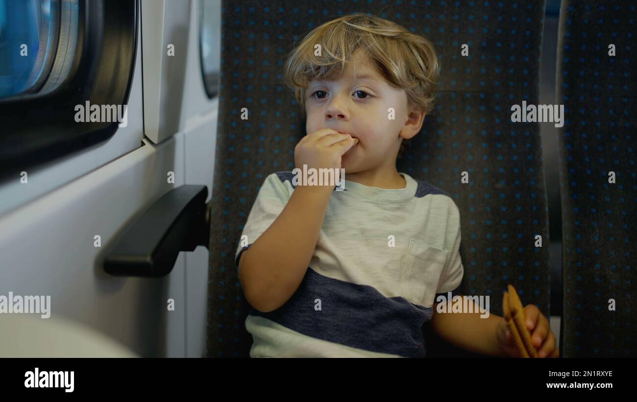 Child eating cookies on train transportation. One small boy seated on ...