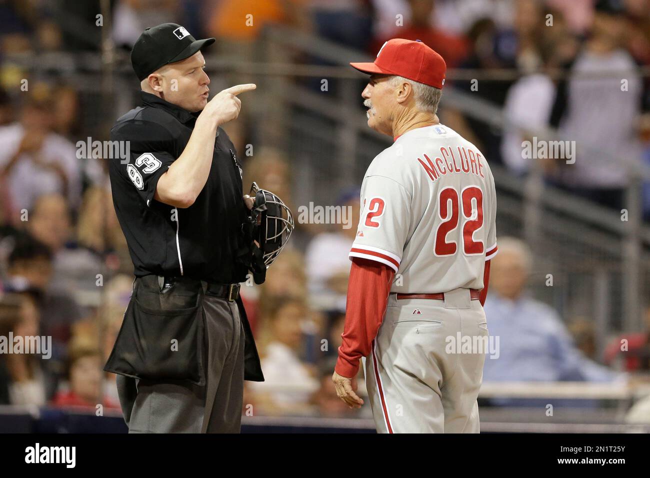 Philadelphia Phillies pitching coach Bob McClure, right, has words with ...