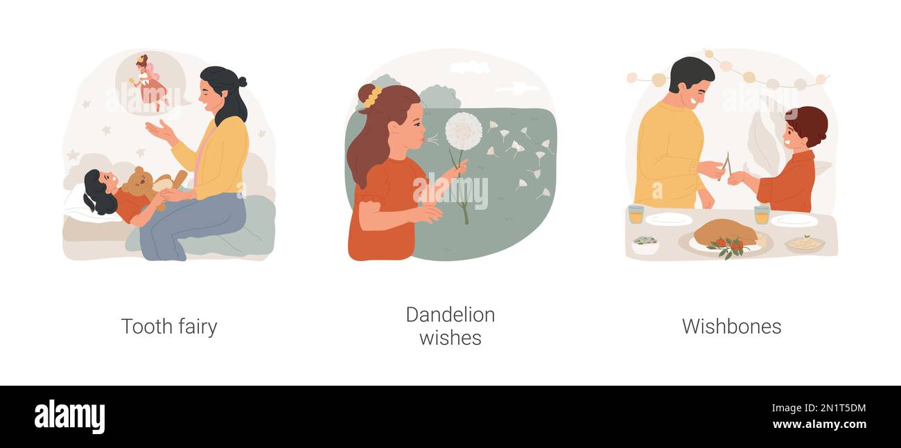 Making wishes isolated cartoon vector illustration set. Tooth fairy ...