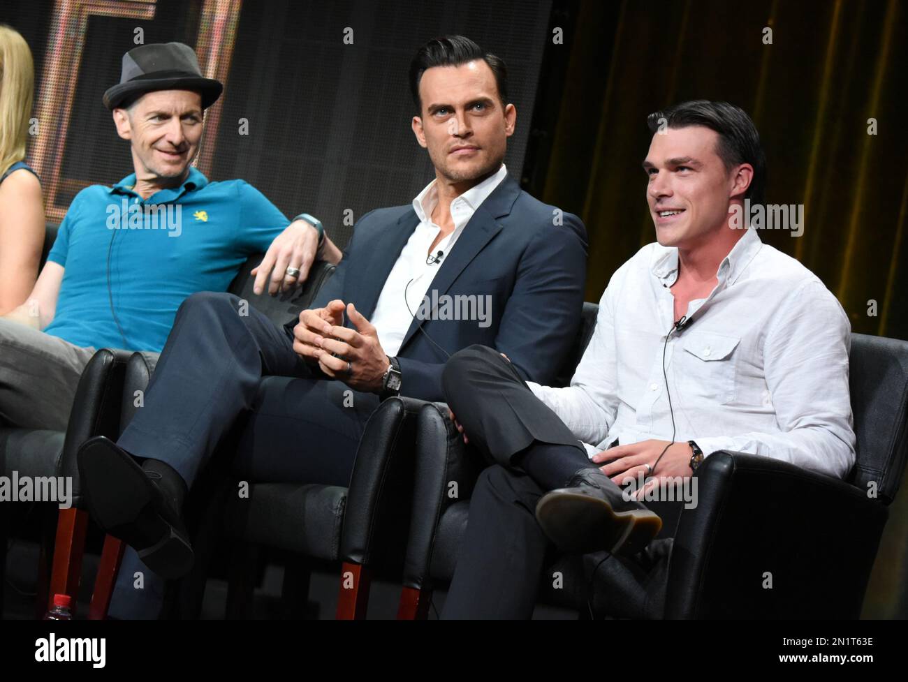 Denis O’Hare, from left, Cheyenne Jackson and Finn Wittrock participate ...