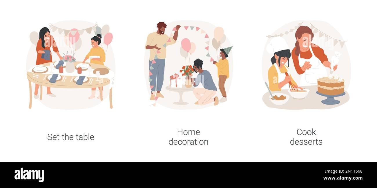 Home party preparations isolated cartoon vector illustration set. Set ...