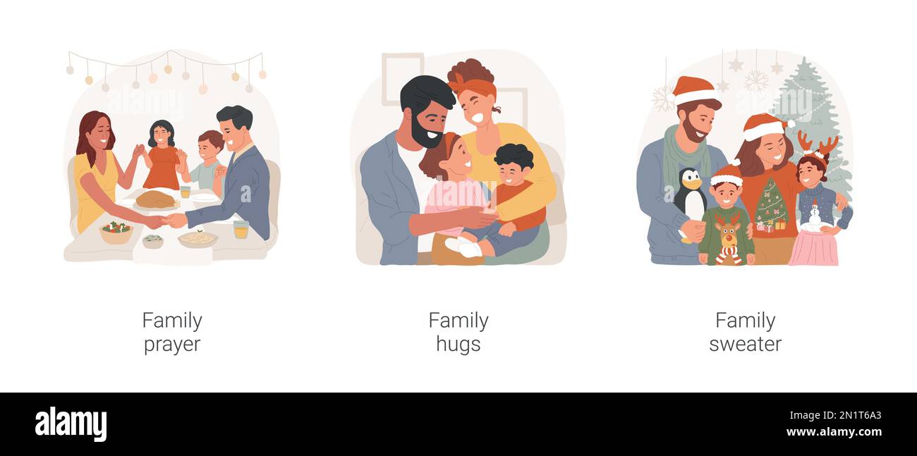 Family tradition isolated cartoon vector illustration set. People pray ...