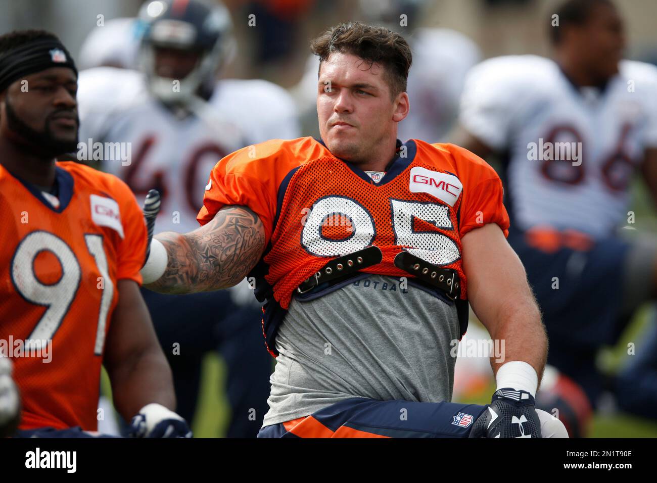 Denver Broncos defensive end Derek Wolfe (95) during drills at the team ...