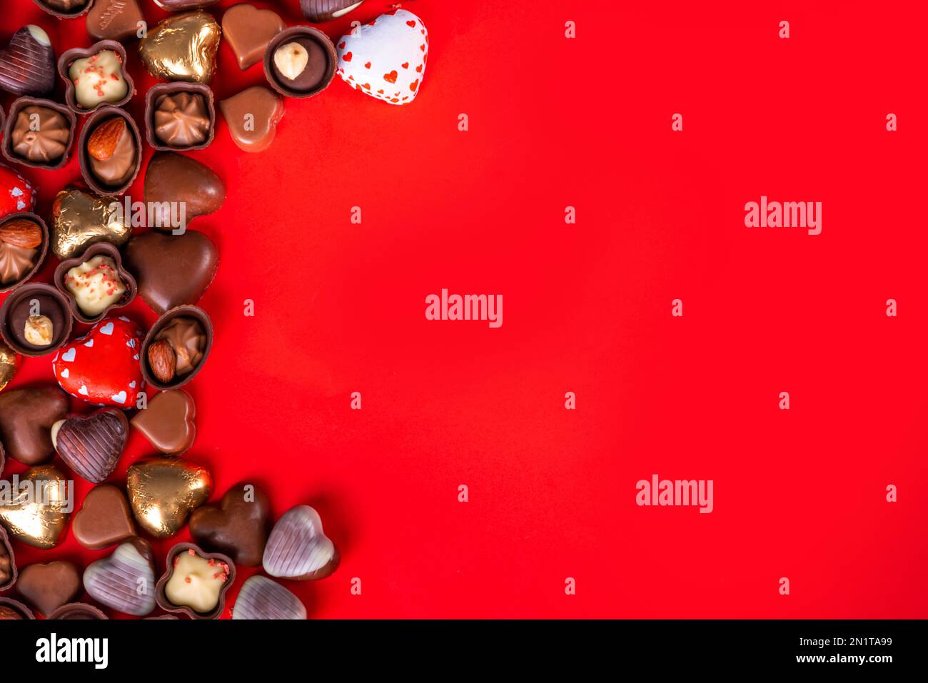 Valentines Day chocolates banner, background, frame. Various sweets and ...