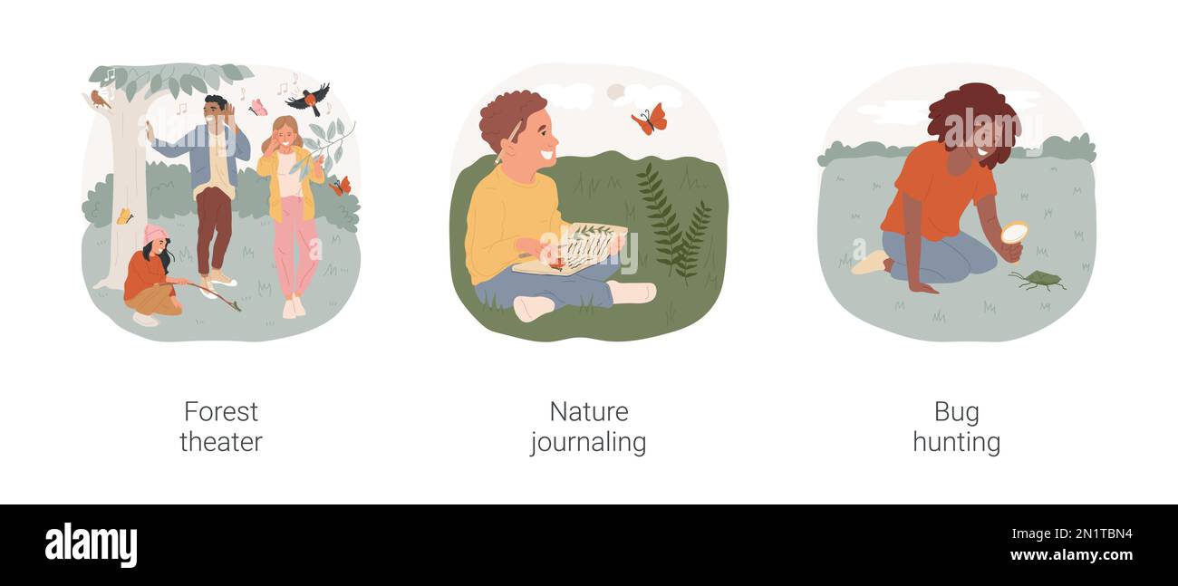 Mindful hobbies isolated cartoon vector illustration set. Forest ...