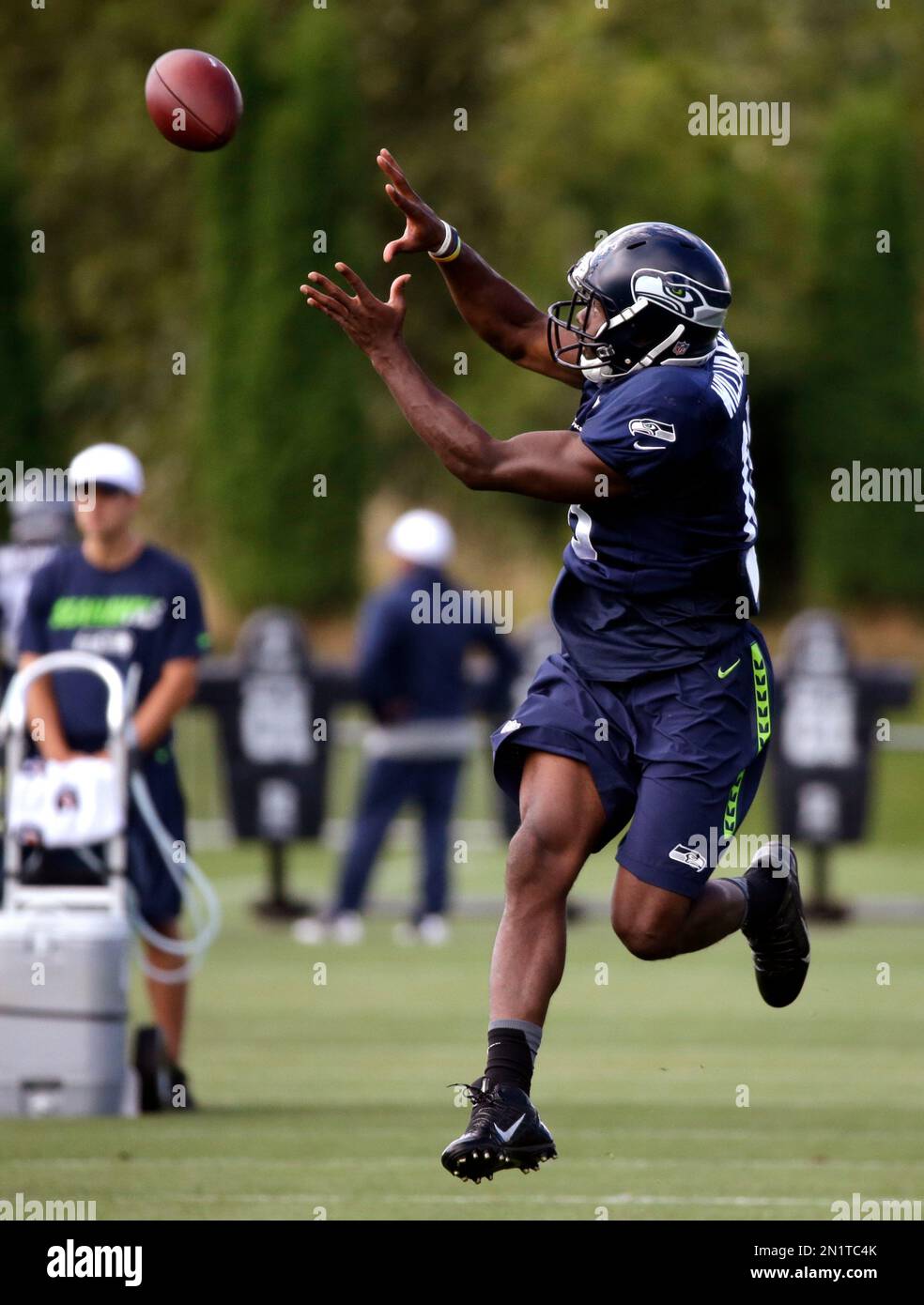 Seattle Seahawks' Kasen Williams reaches for a pass at an NFL football ...