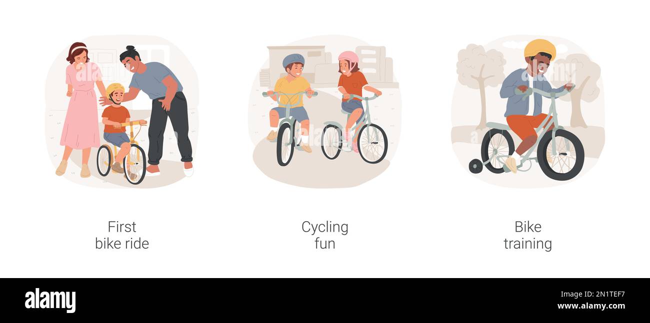 Learn cycling isolated cartoon vector illustration set. First ride ...