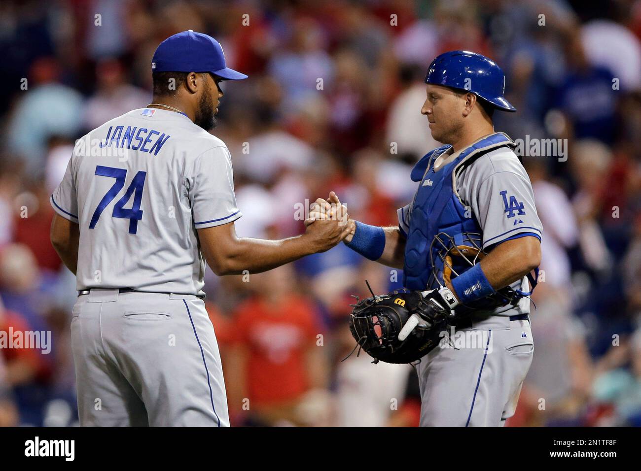 Los Angeles Dodgers relief pitcher Kenley Jansen, left, and catcher A.J ...
