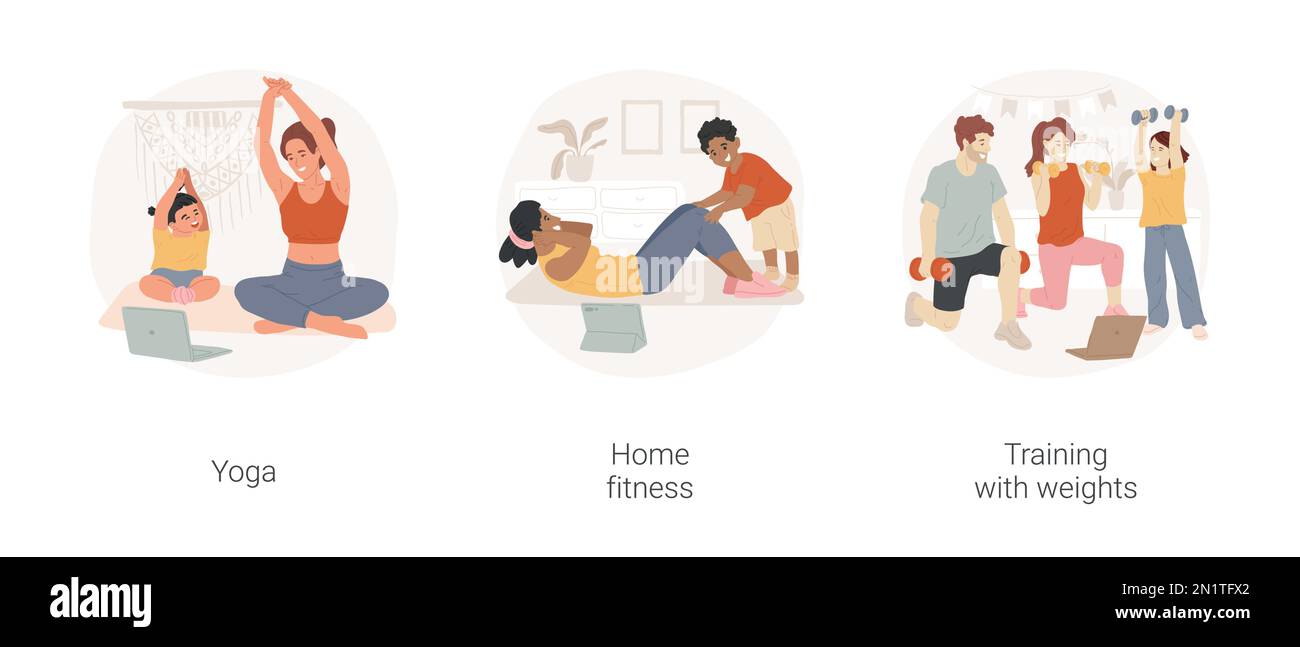 Online fitness isolated cartoon vector illustration set. Happy mom with little child practicing ...