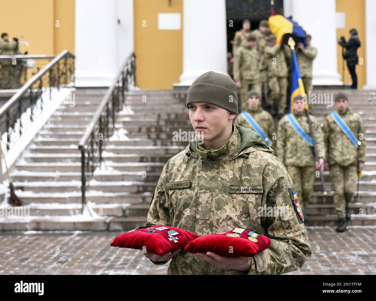 KYIV, UKRAINE - FEBRUARY 06, 2023 - Participants carry the coffin ...