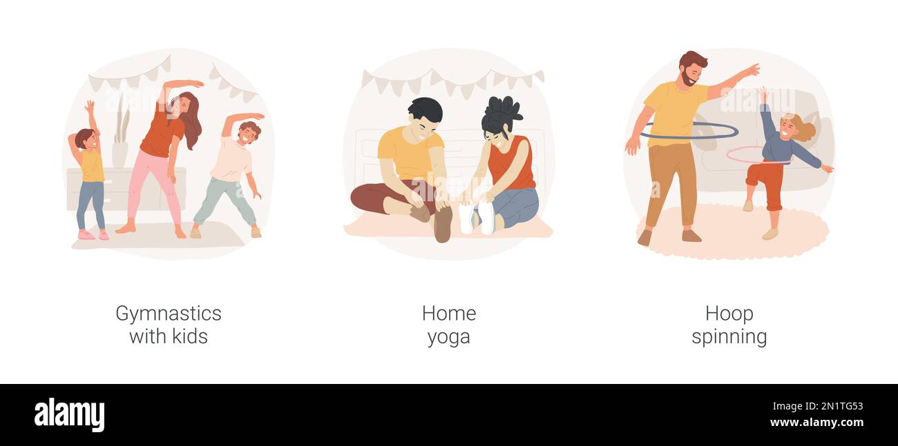 Home fitness isolated cartoon vector illustration set. Gymnastics online, parent and child doing ...
