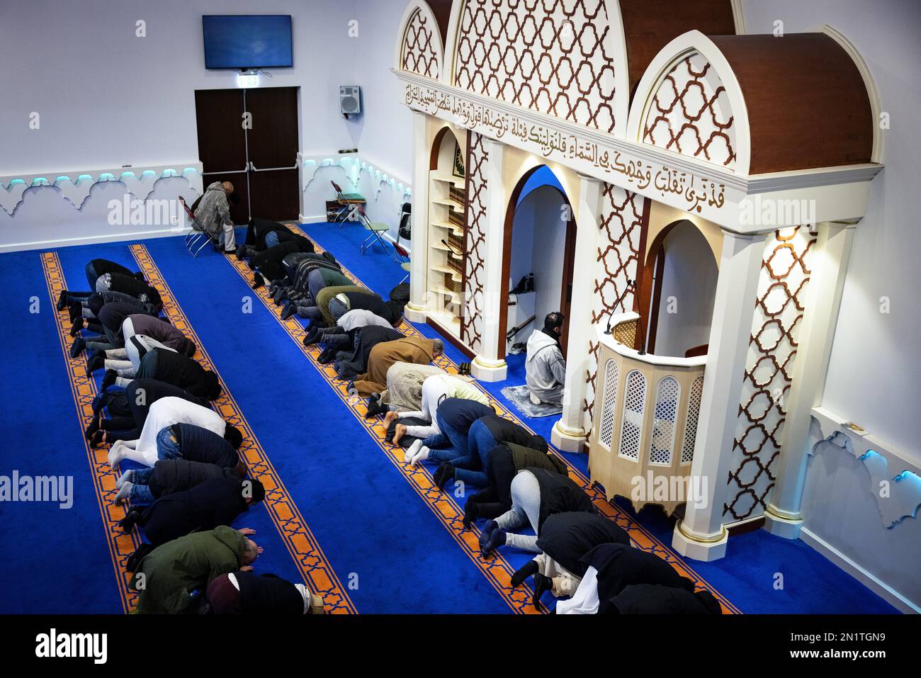 AMSTERDAM - Muslims in prayer in the Blue Mosque where an extra prayer ...