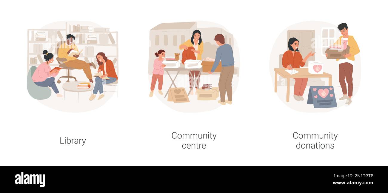 Community living isolated cartoon vector illustration set. People in a ...