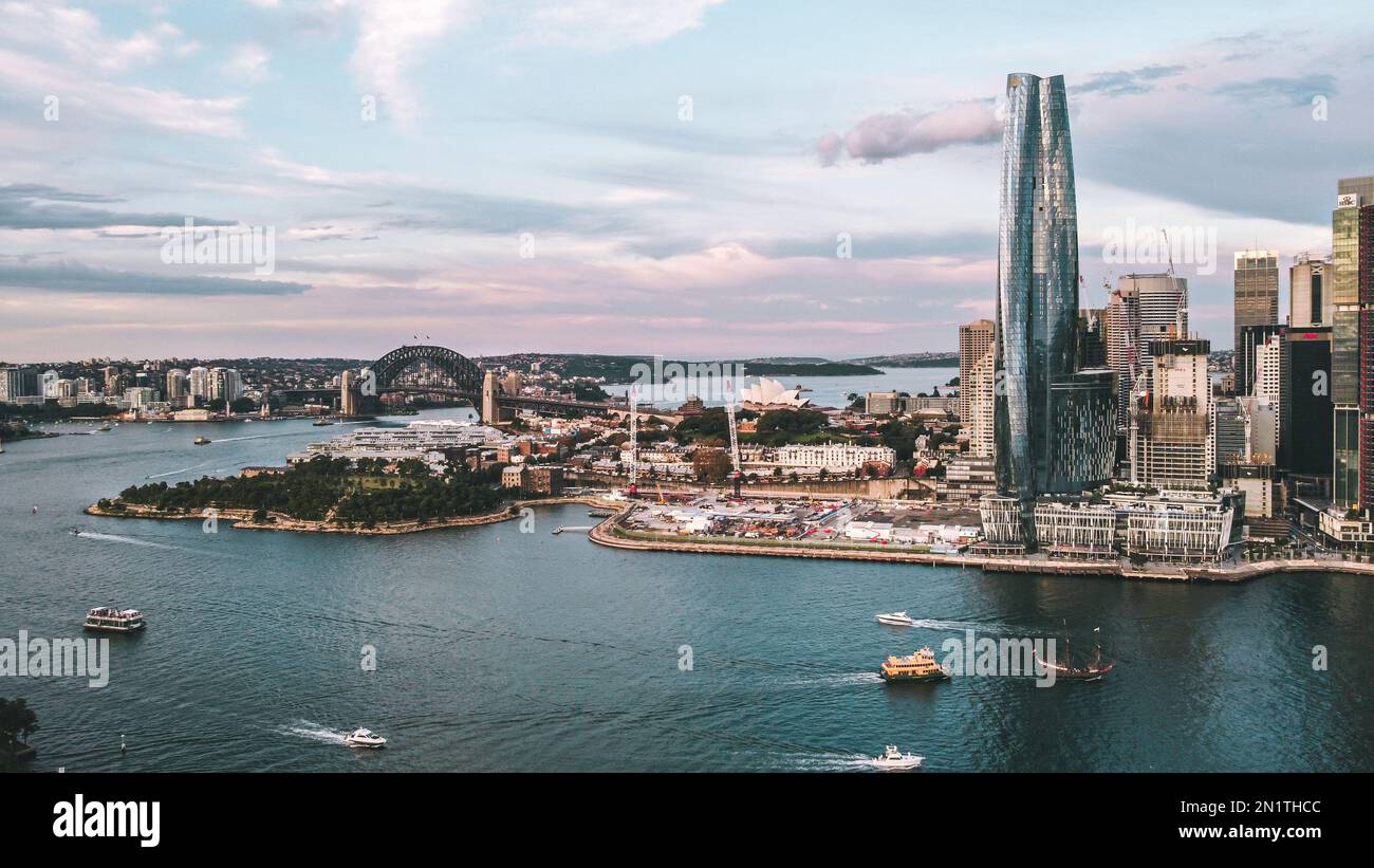 A bird's eye view of the Sydney Habor with a background of the Harbor ...