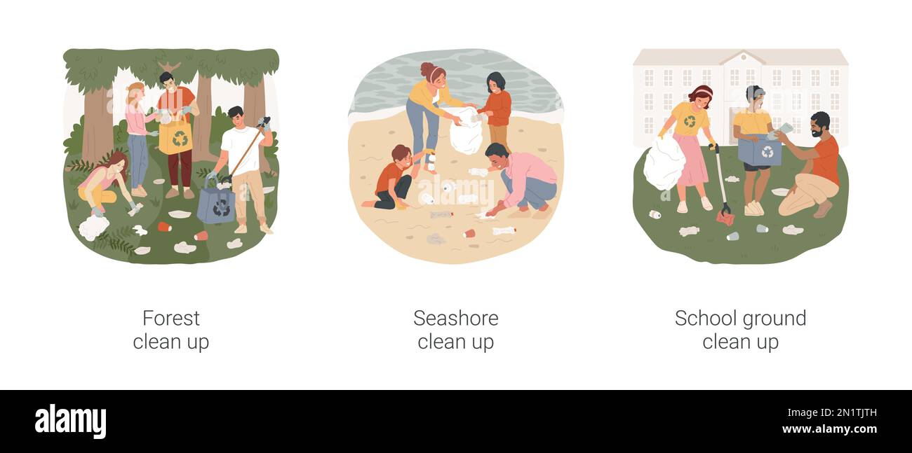 Outdoor clean up isolated cartoon vector illustration set. People ...