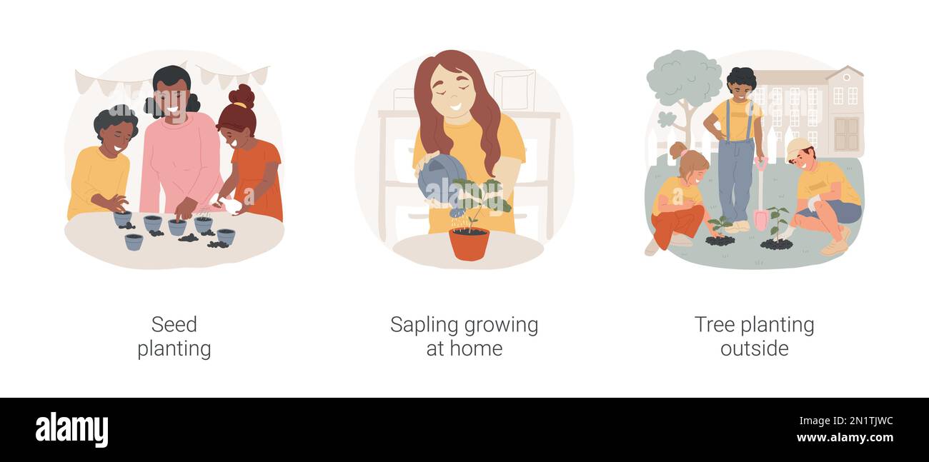 Tree planting isolated cartoon vector illustration set. Child puts seed ...