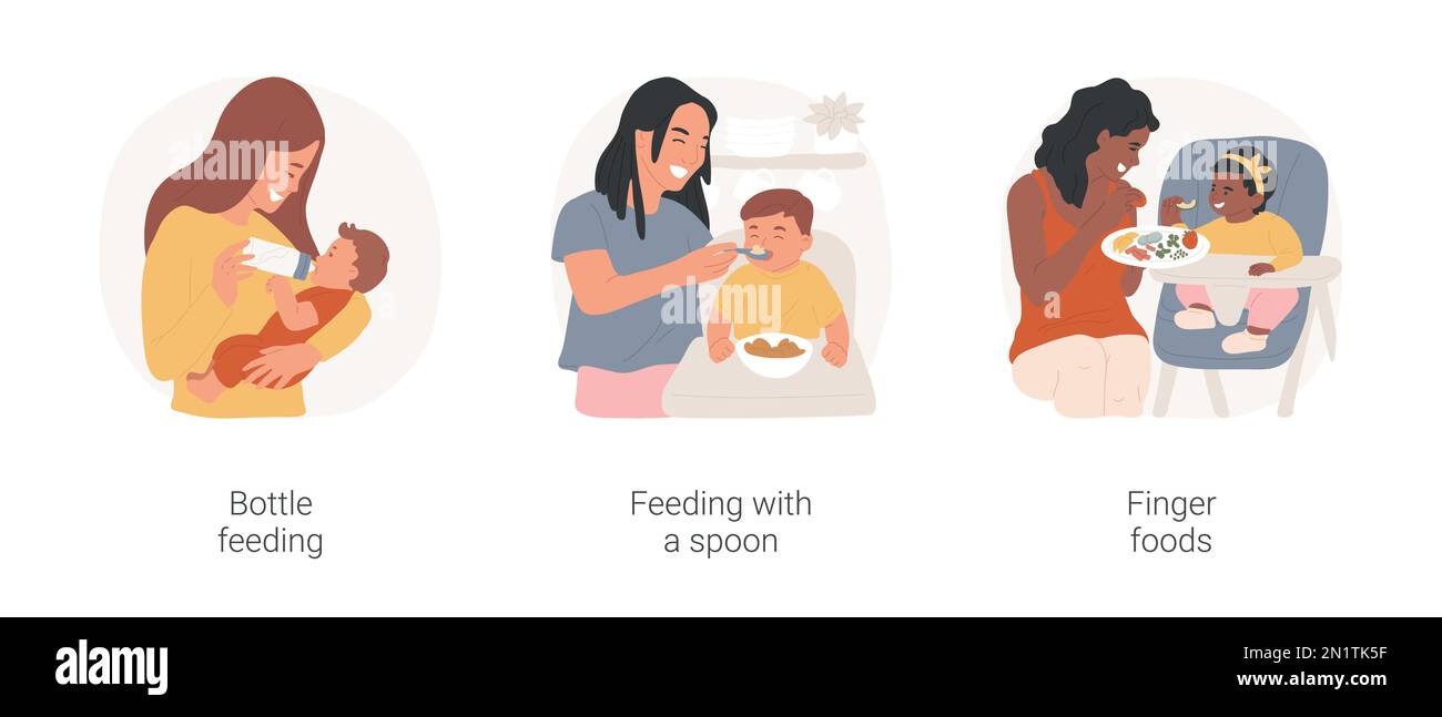 Baby meal isolated cartoon vector illustration set. Mom feeding the ...