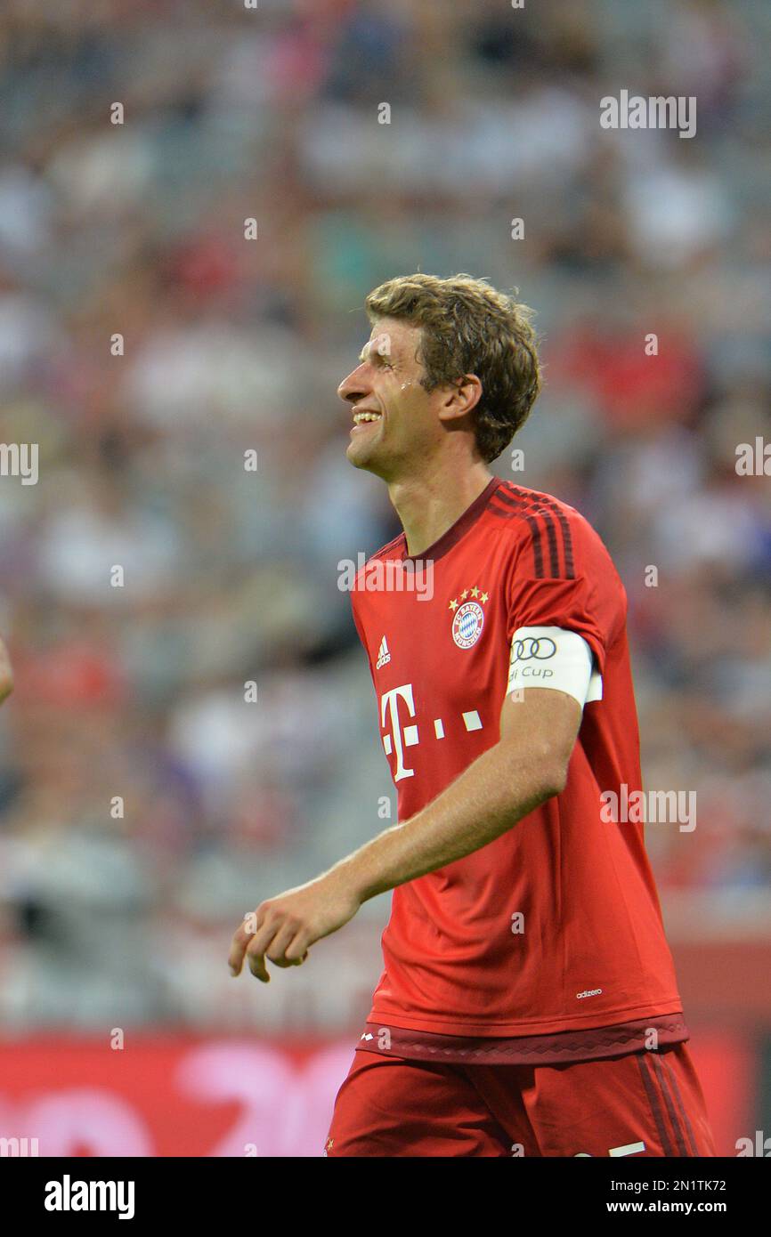 Munich's Thomas Mueller smiles during their friendly soccer match ...